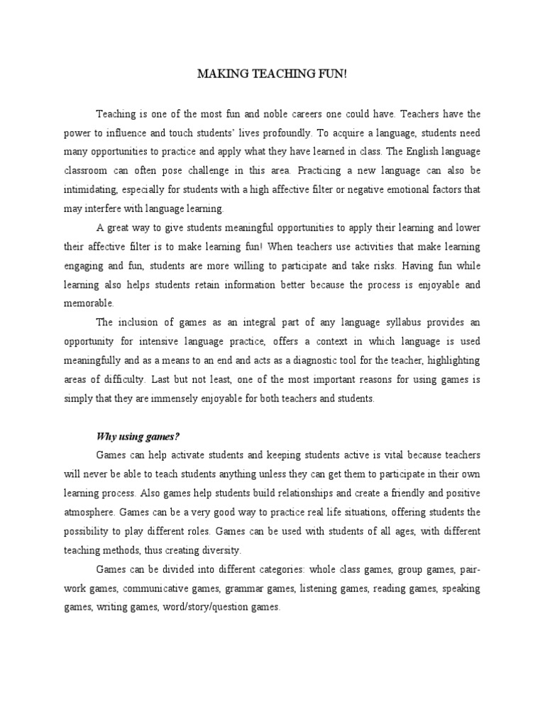 Making Teaching Fun!: Why Using Games? | PDF | Vocabulary | Teachers