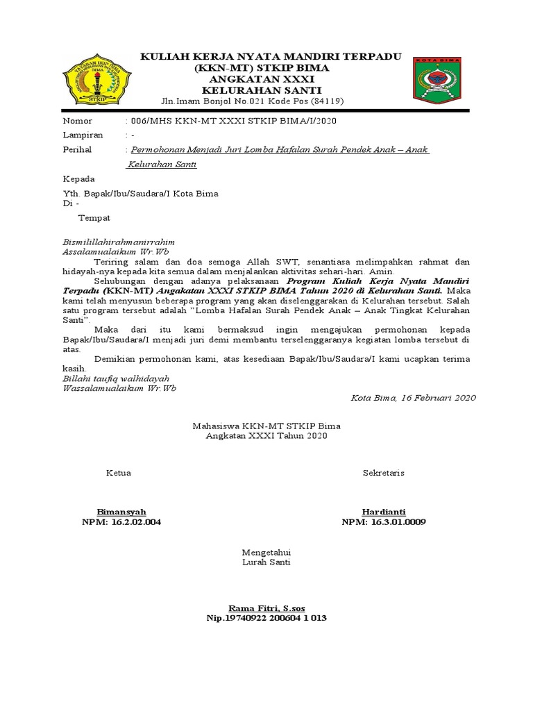 Surat Permohonan Menjadi Juri Lomba Hafalan Surat Pendek | PDF