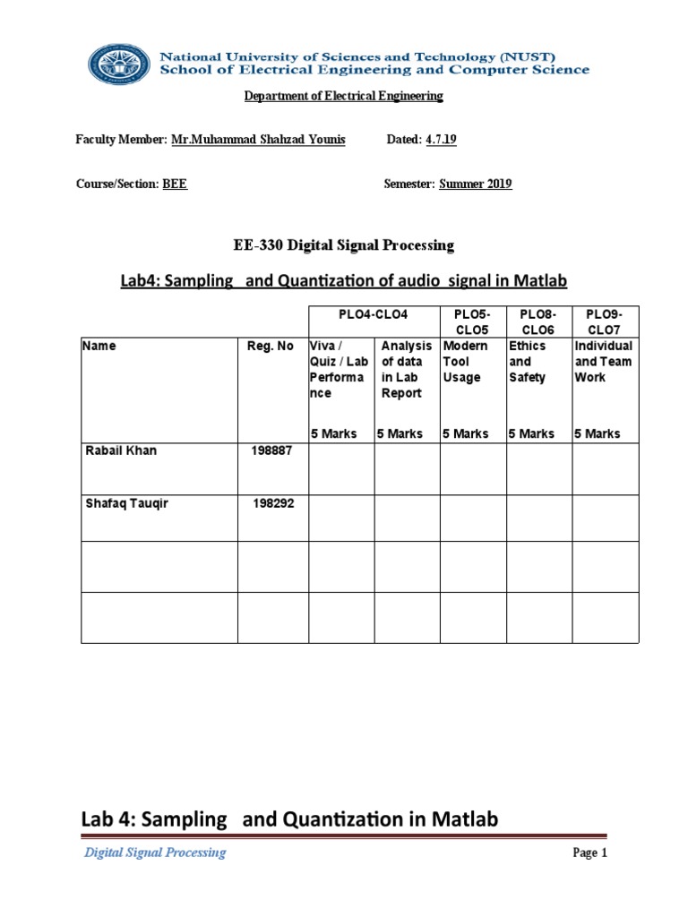 Lab4: Sampling and Quantization of Audio Signal in Matlab | PDF ...
