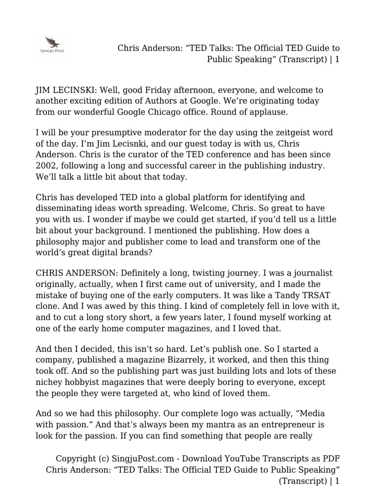 Chris Anderson - “ TED Talks - The Official TED Guide To Public Speaking” (Transcript) PDF | PDF ...