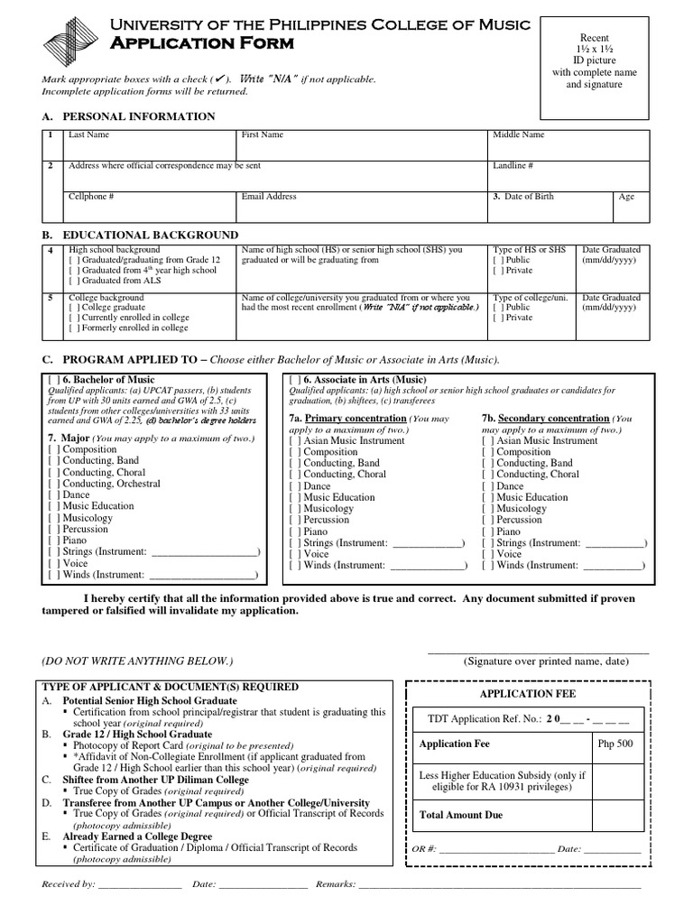 Application Form AY 2020 2021 - BM and AA | PDF | College | Musical ...