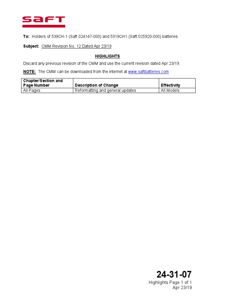 Saft CMM Revision for 539CH-1 Battery | PDF | Electromagnetism ...