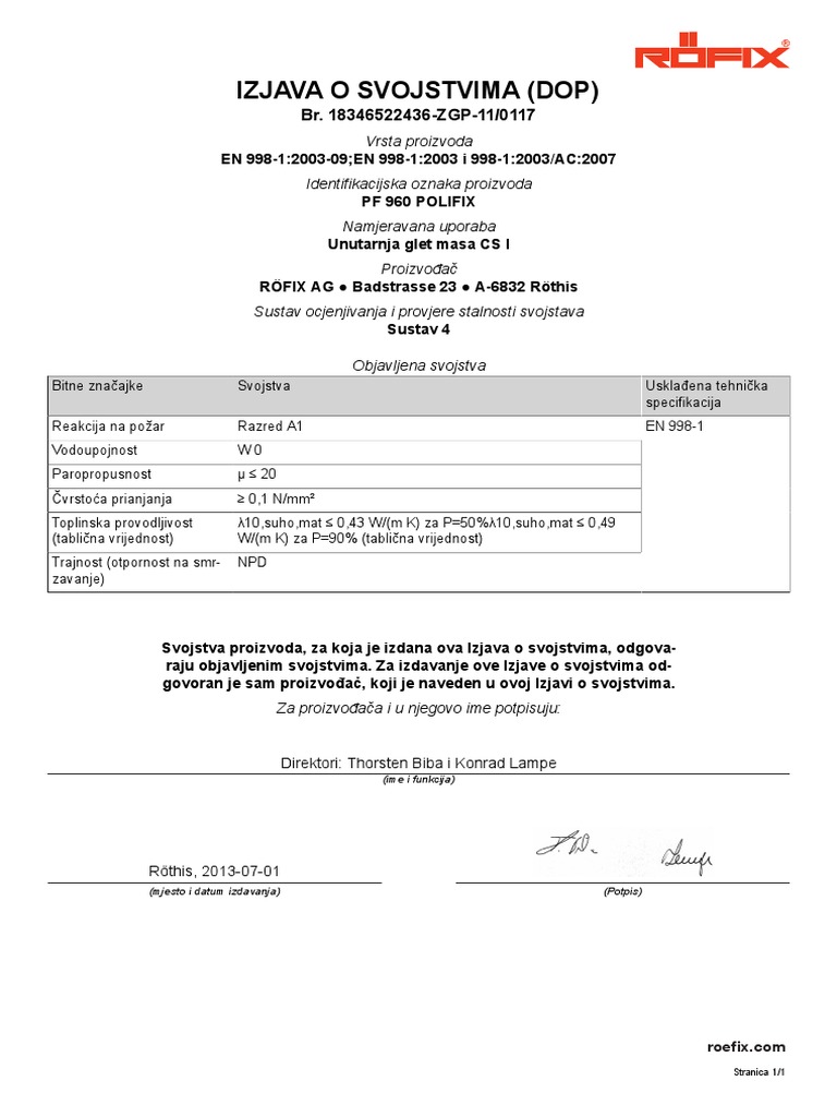 Izjava o Svojstvima DOP 18346522436-ZGP-11 0117 RÖFIX PF 960 POLIFIX Unutarnja Glet Masa HRHR ...