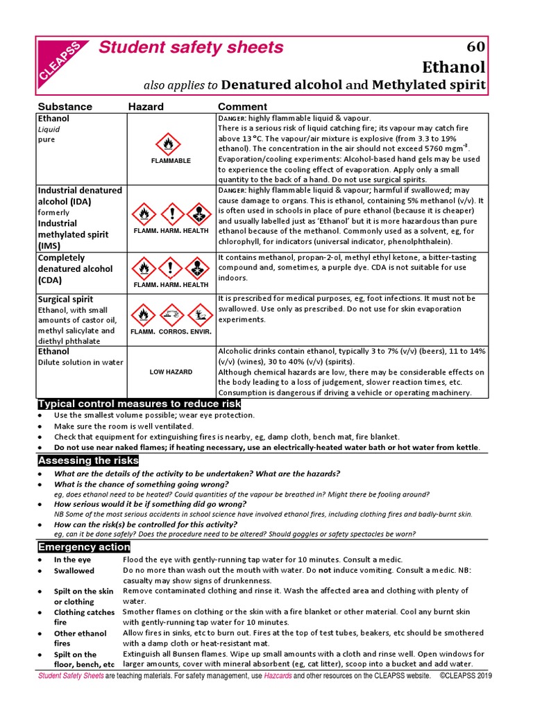 Student Safety Sheets: Ethanol | PDF | Ethanol | Chemical Substances