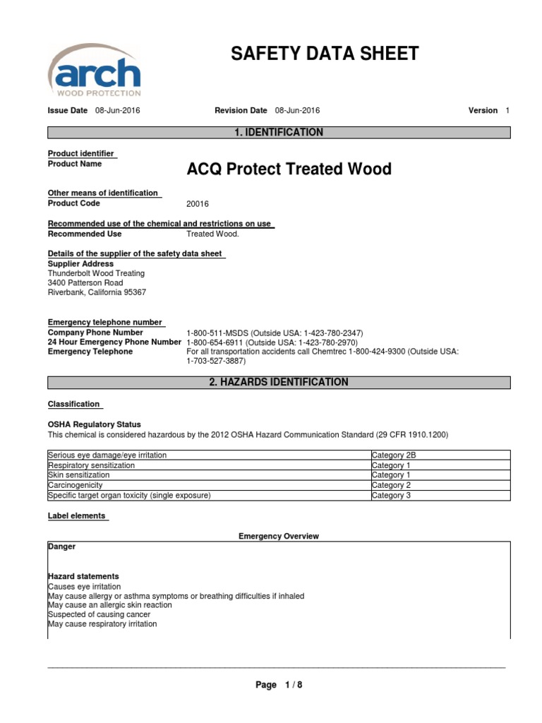 Safety Data Sheet for ACQ Protect Treated Wood: Hazards and Proper ...