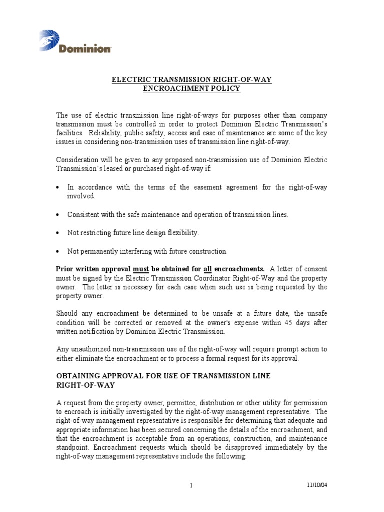 Electric Transmission Right-Of-Way Encroachment Policy | PDF | Easement | Electric Power ...