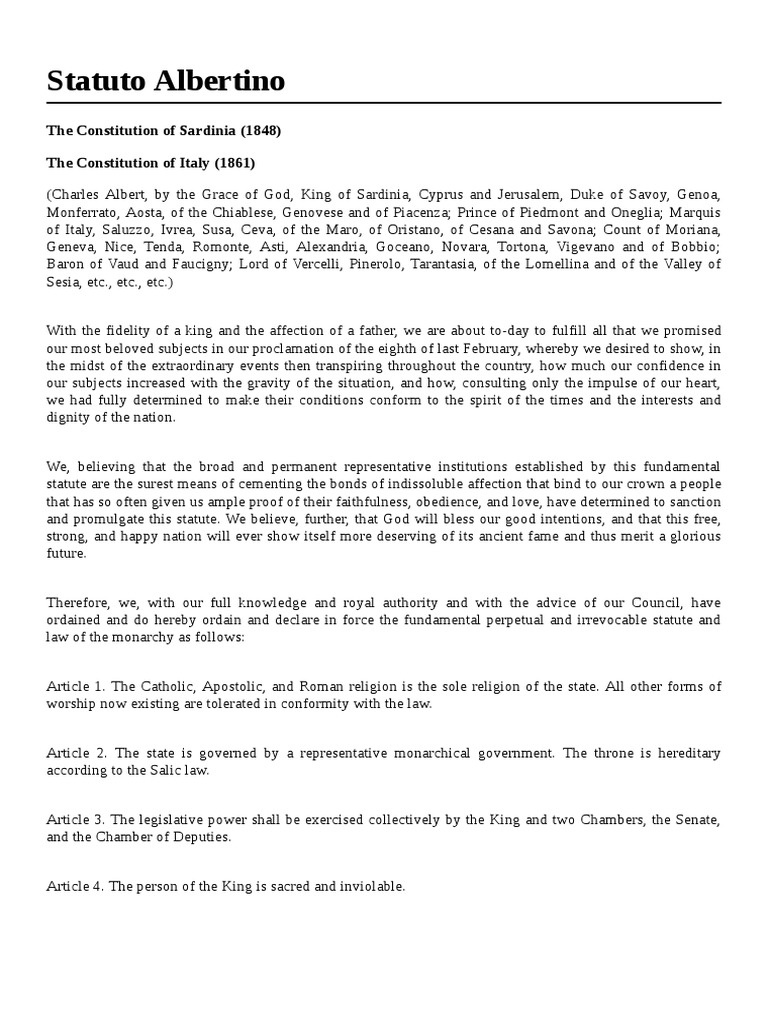 Statuto Albertino: The Constitution of Sardinia (1848) The Constitution ...