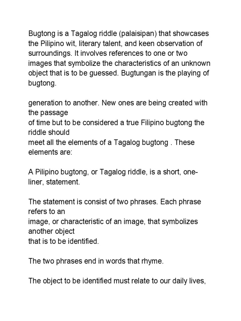 Bugtong Is A Tagalog Riddle | Download Free PDF | Tagalog Language | Riddle