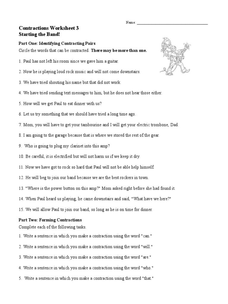 Contractions Worksheet 3 Starting The Band!: Part One: Identifying ...