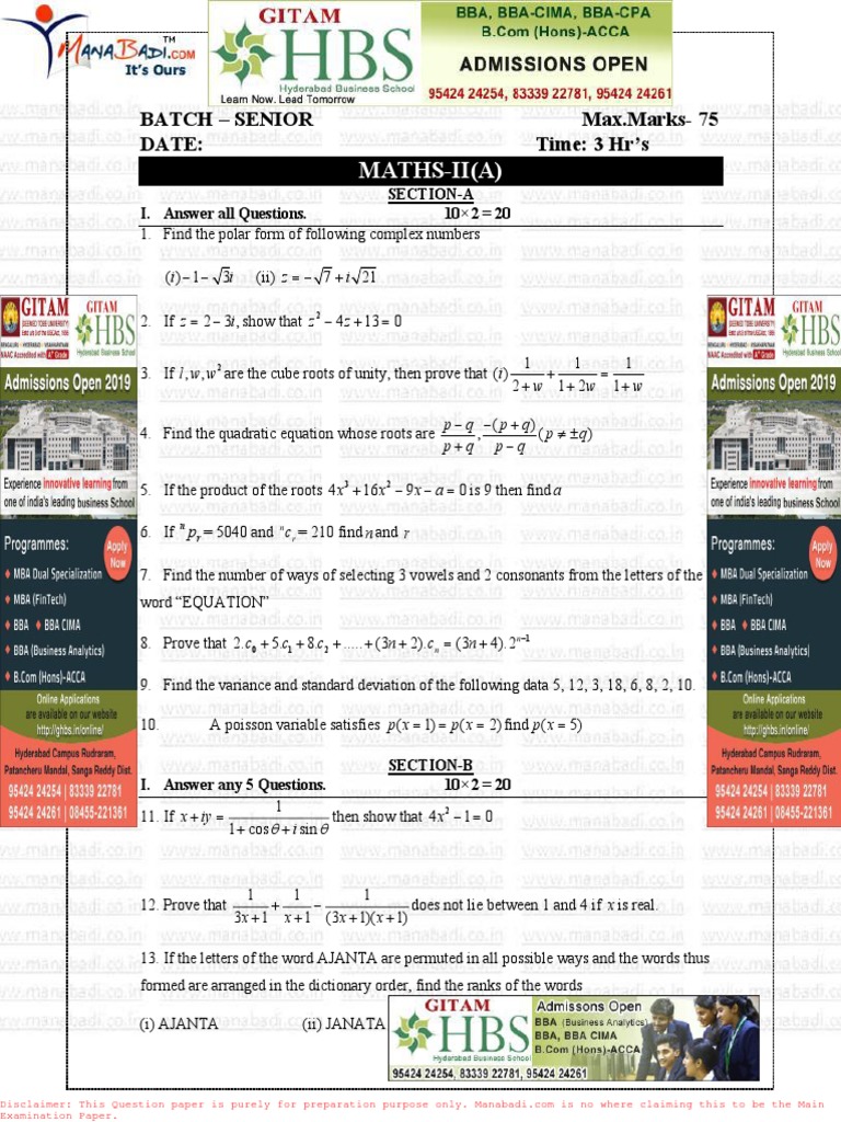 Maths-Ii (A) : Batch - Senior Max - Marks-75 Date: Time: 3 Hr's | PDF ...