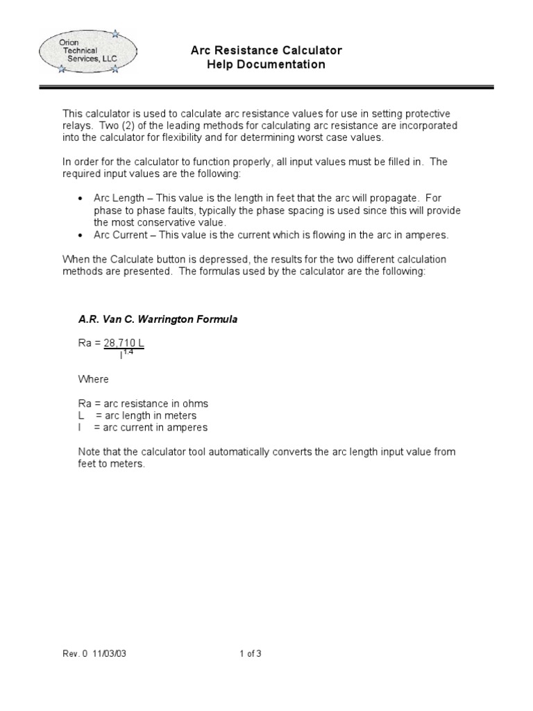 Arc Resistance Calculator Help | PDF