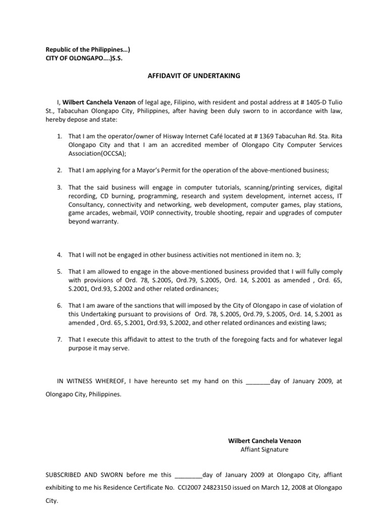 Affidavit of Undertaking Sample | PDF | Affidavit | Common Law