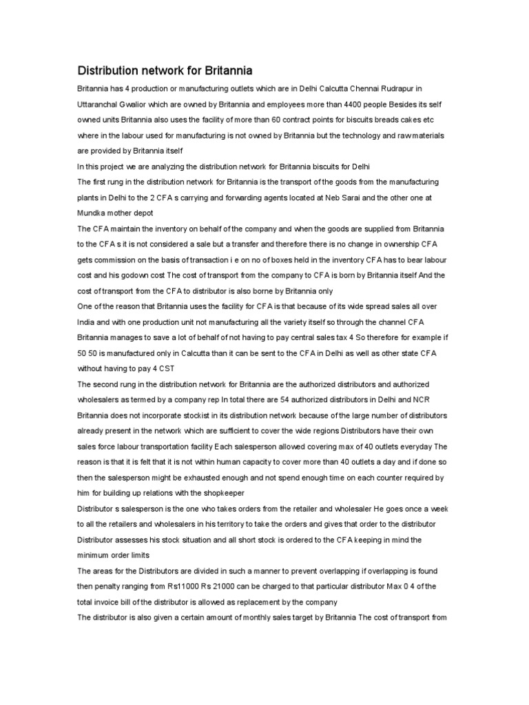 Britannia Distribution Network Overview | PDF | Retail | Inventory