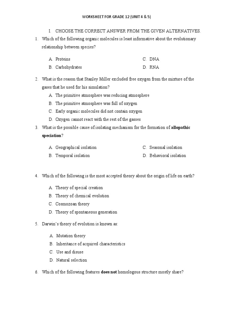 Grade 12 Evolution Worksheet Answers | PDF | Human Evolution | Evolution
