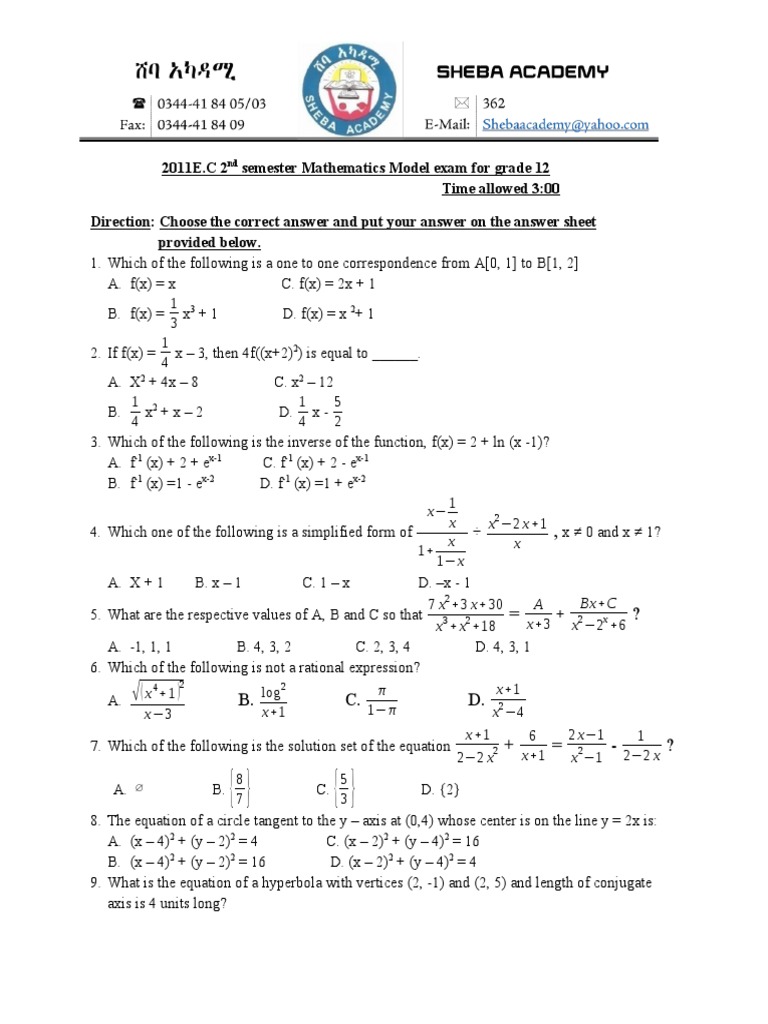 2nd Seme 3rd Model Maths For Grade 12 | PDF | Elementary Mathematics ...