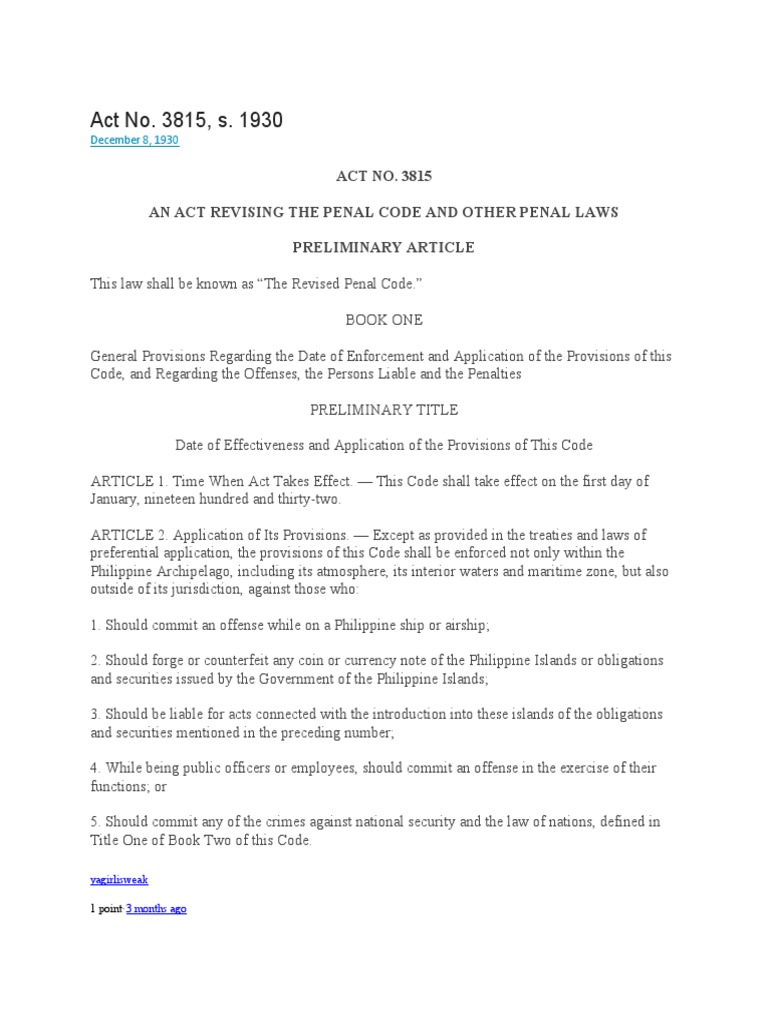 Act No. 3815, S. 1930: ACT NO. 3815 An Act Revising The Penal Code and ...
