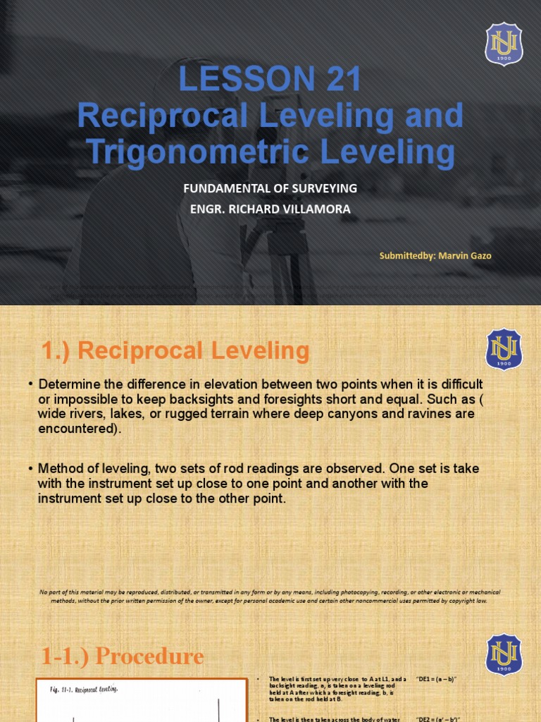 Lesson 21 Reciprocal Leveling and Trigonometric Leveling: Fundamental ...