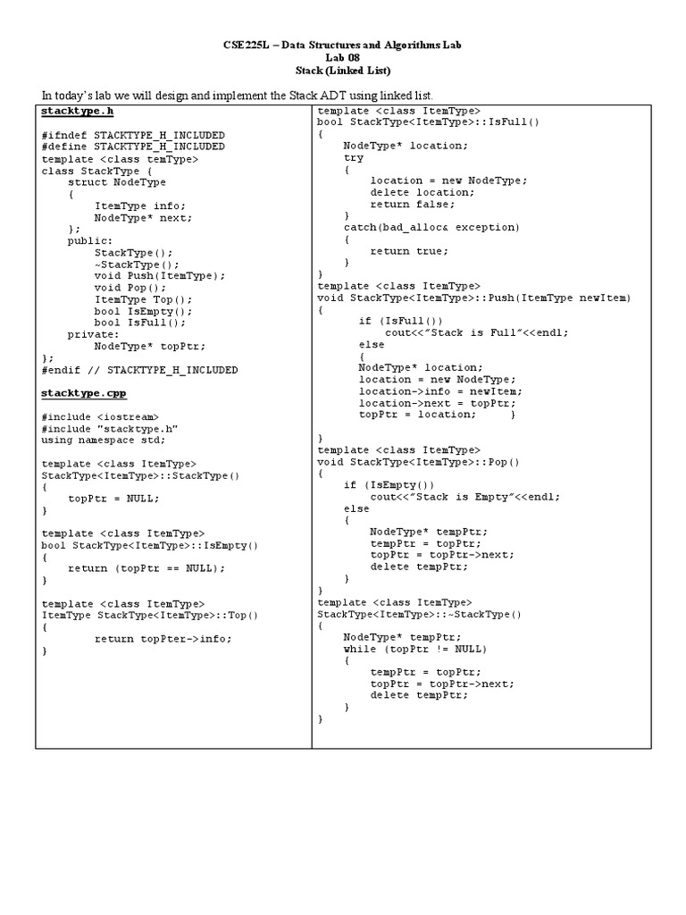 In Todays Lab We Will Design And Implement The Stack Adt Using Linked List Pdf Object 4821