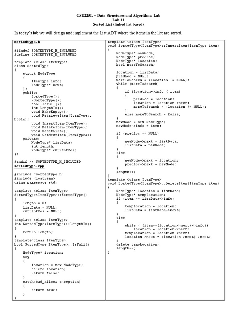 CSE225L Lab 11 - Implement Sorted Linked List | PDF | Programming Paradigms | Information ...