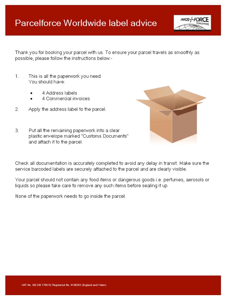 Parcelforce Worldwide Label Advice: VAT No. GB 243 1700 02 Registered ...