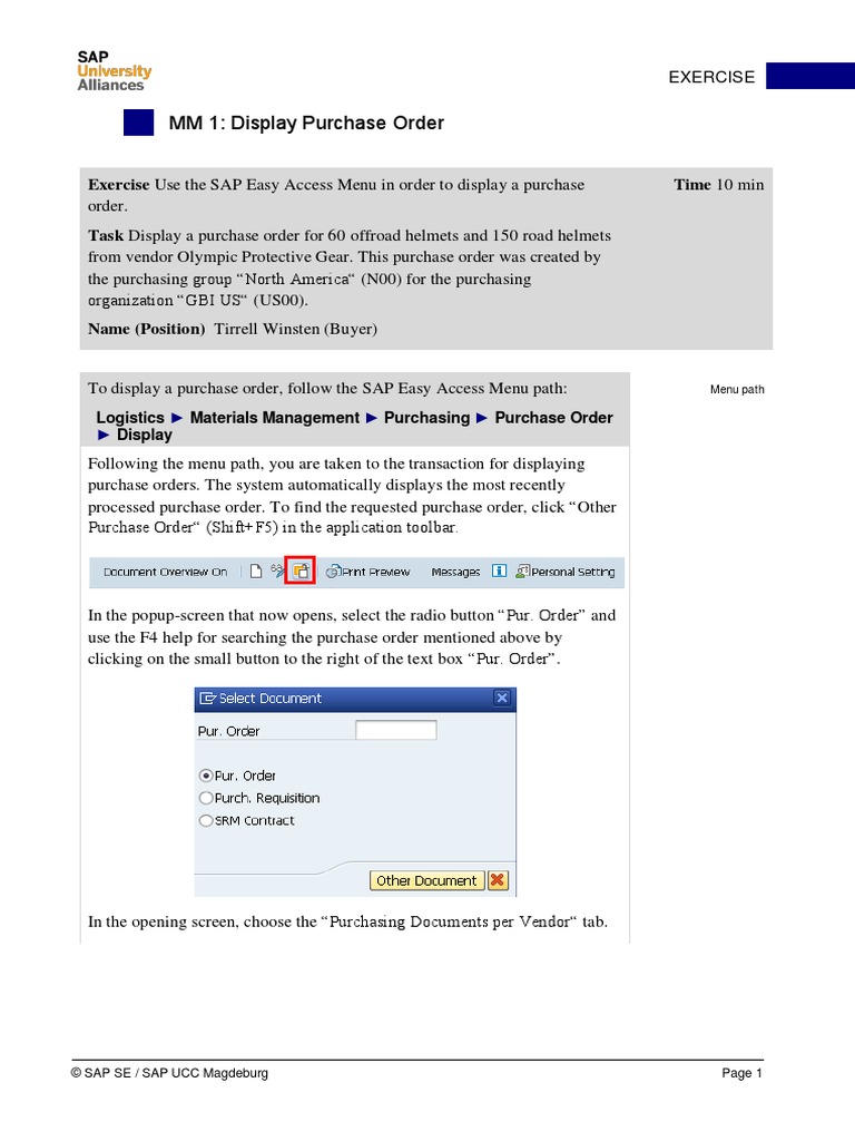 MM 1: Display Purchase Order: Exercise Use The SAP Easy Access Menu in Order To Display A ...