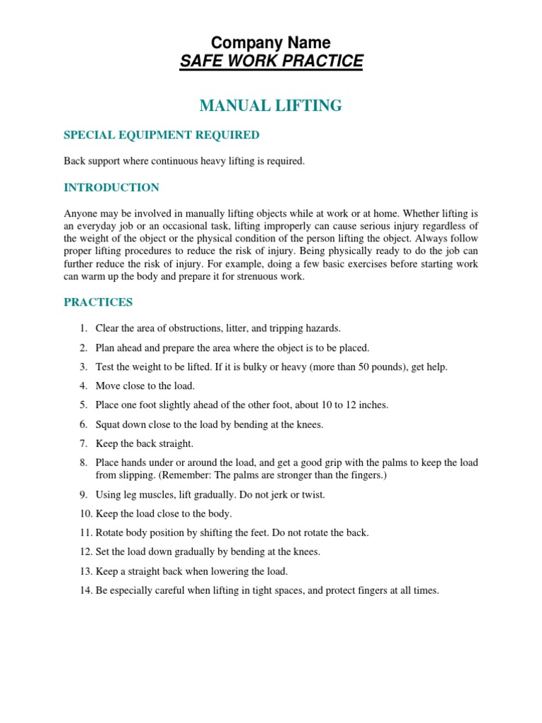 Safe Work Practice: Manual Lifting | PDF