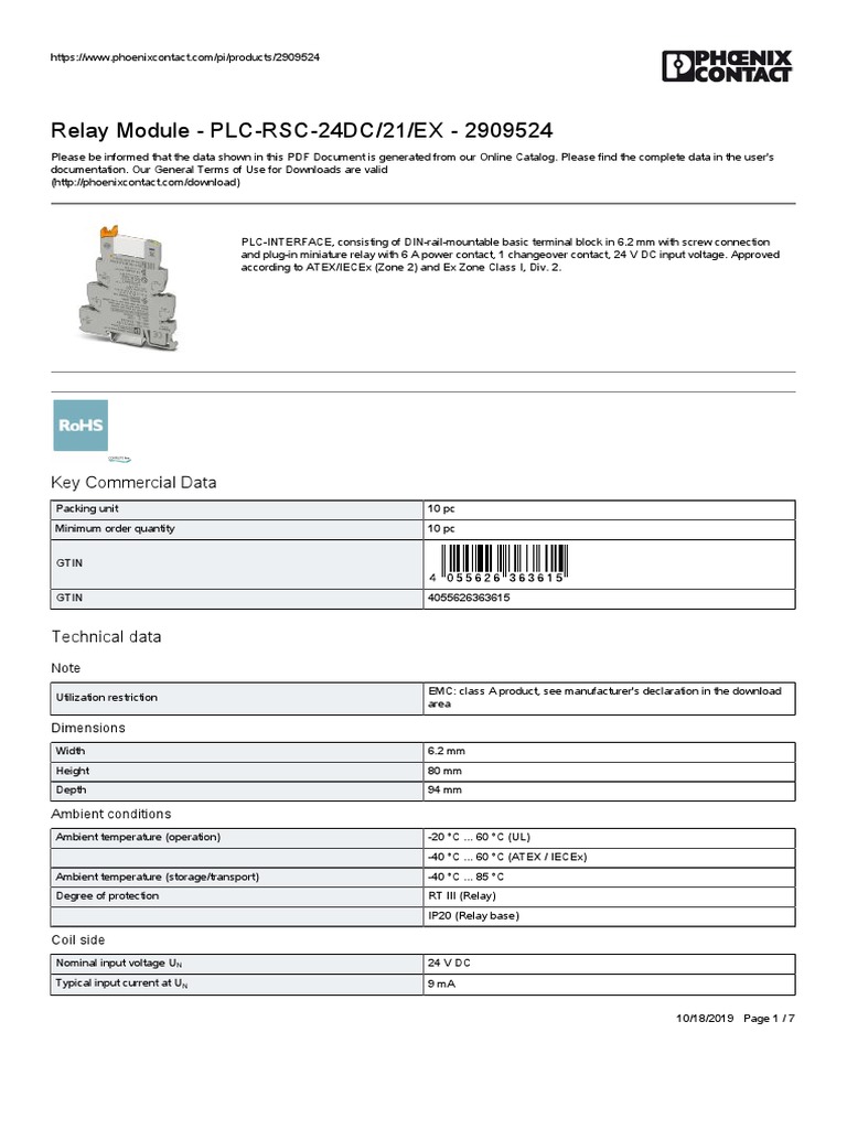 Relay Module - PLC-RSC-24DC/21/EX - 2909524: Key Commercial Data | PDF ...