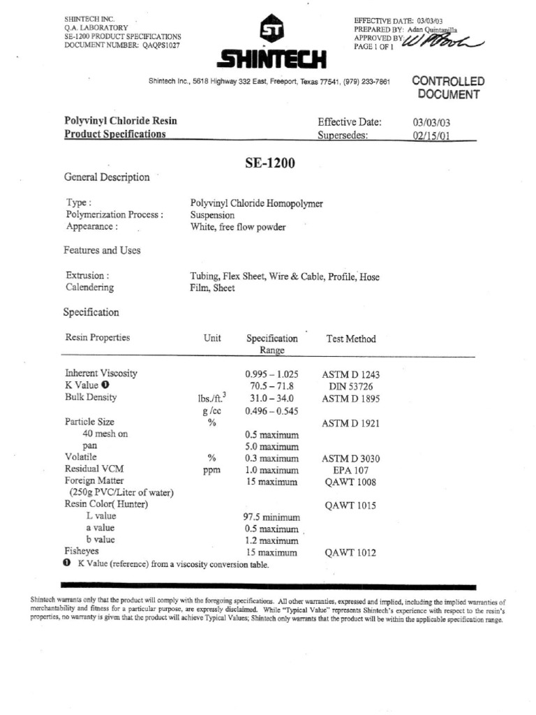 Shintech Se 1200 PVC V.K 70 Se-1200 | PDF