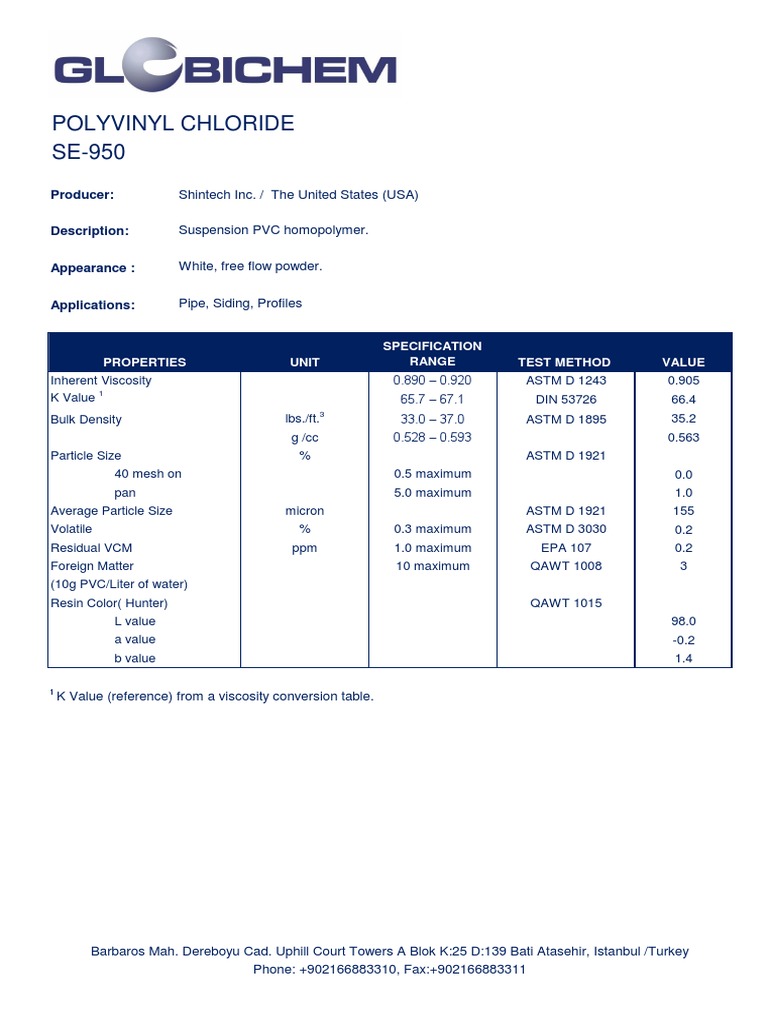 Shintech SE-950 PVC Resin Specifications | PDF | Science & Mathematics ...