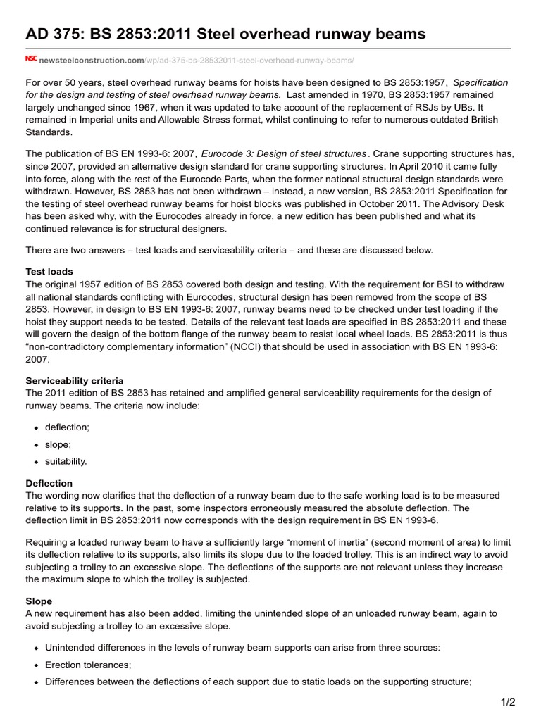 AD 375 - BS 2853:2011 Steel Overhead Runway Beams | PDF | Mechanical ...