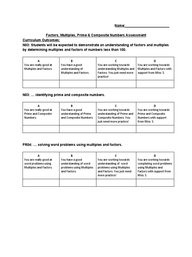 Factors Multiples PC Numbers Rubric | PDF | Language Arts & Discipline ...