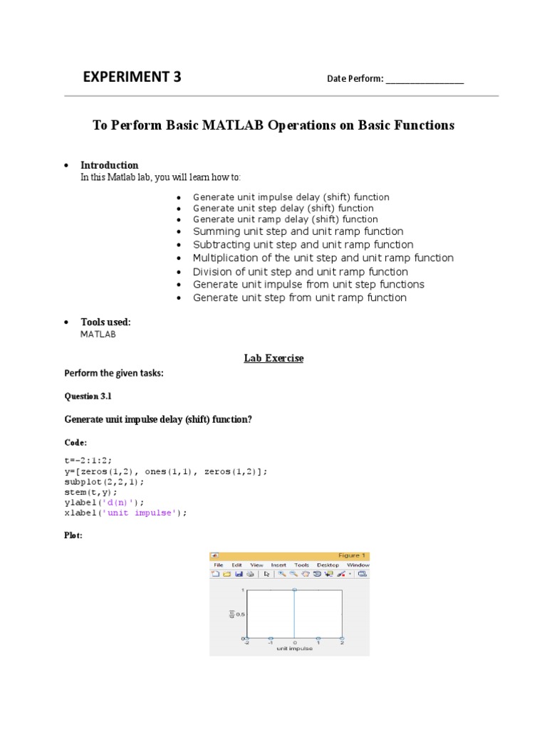 Experiment 3: To Perform Basic MATLAB Operations On Basic Functions ...