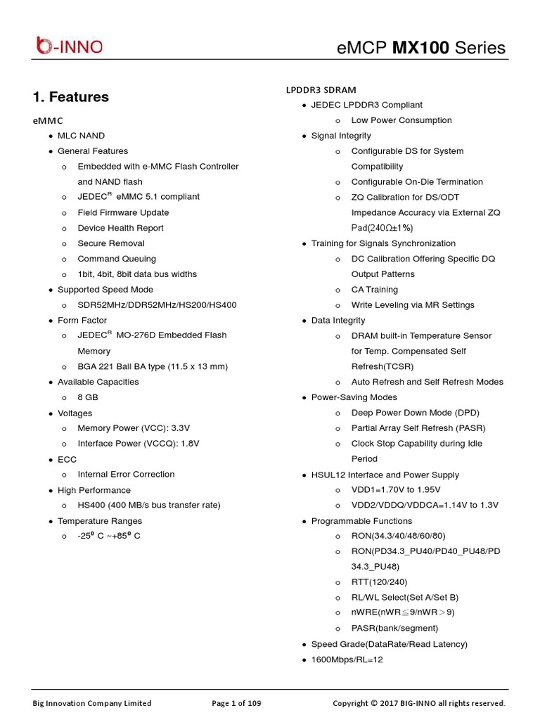 BIG-INNO EMCP MX100 Series Datasheet PDF | PDF | Flash Memory | Booting