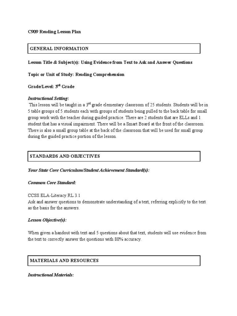 C909 Reading Comprehension Lesson Plan | PDF | Educational Assessment ...