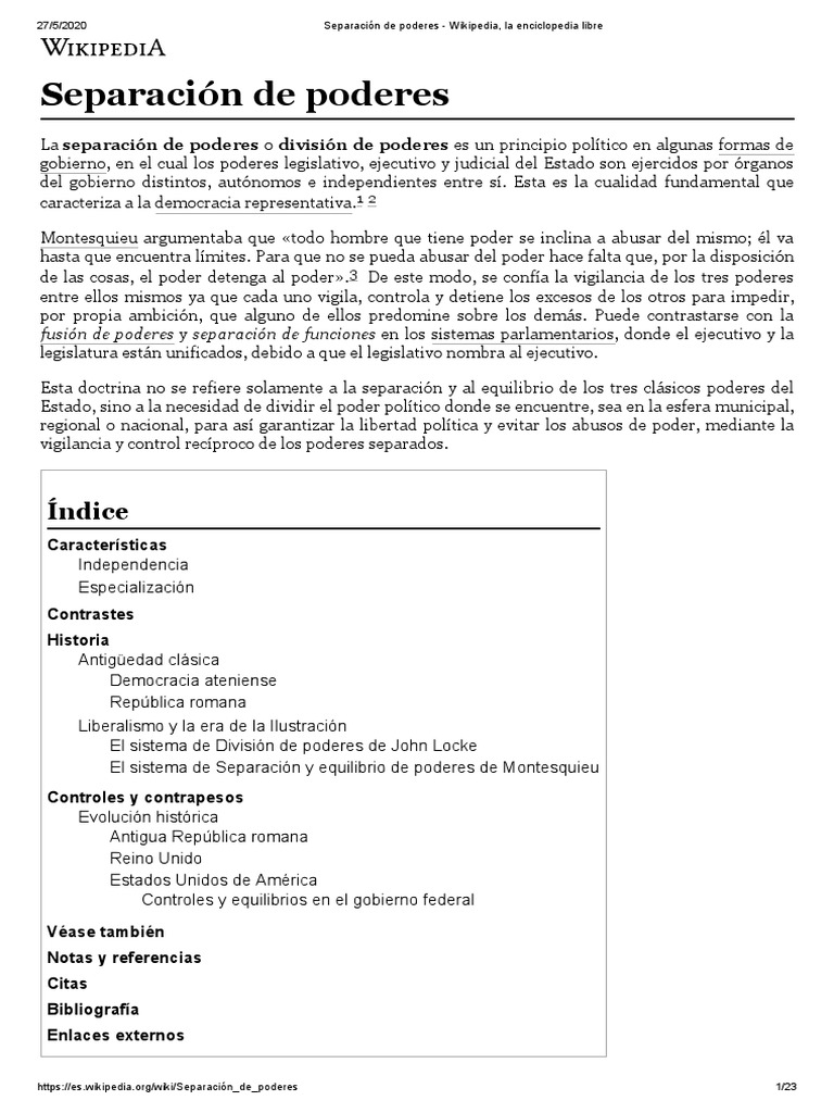 Separación de poderes - Wikipedia, la enciclopedia libre | PDF ...