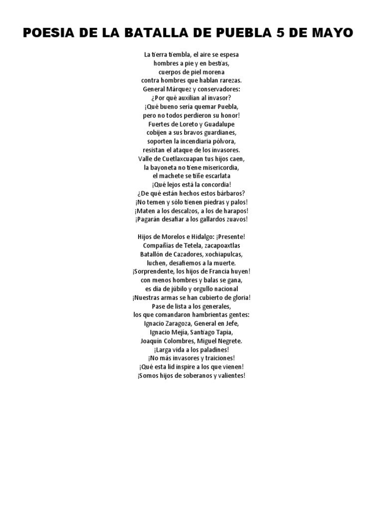 Poesia de La Batalla de Puebla 5 de Mayo | PDF