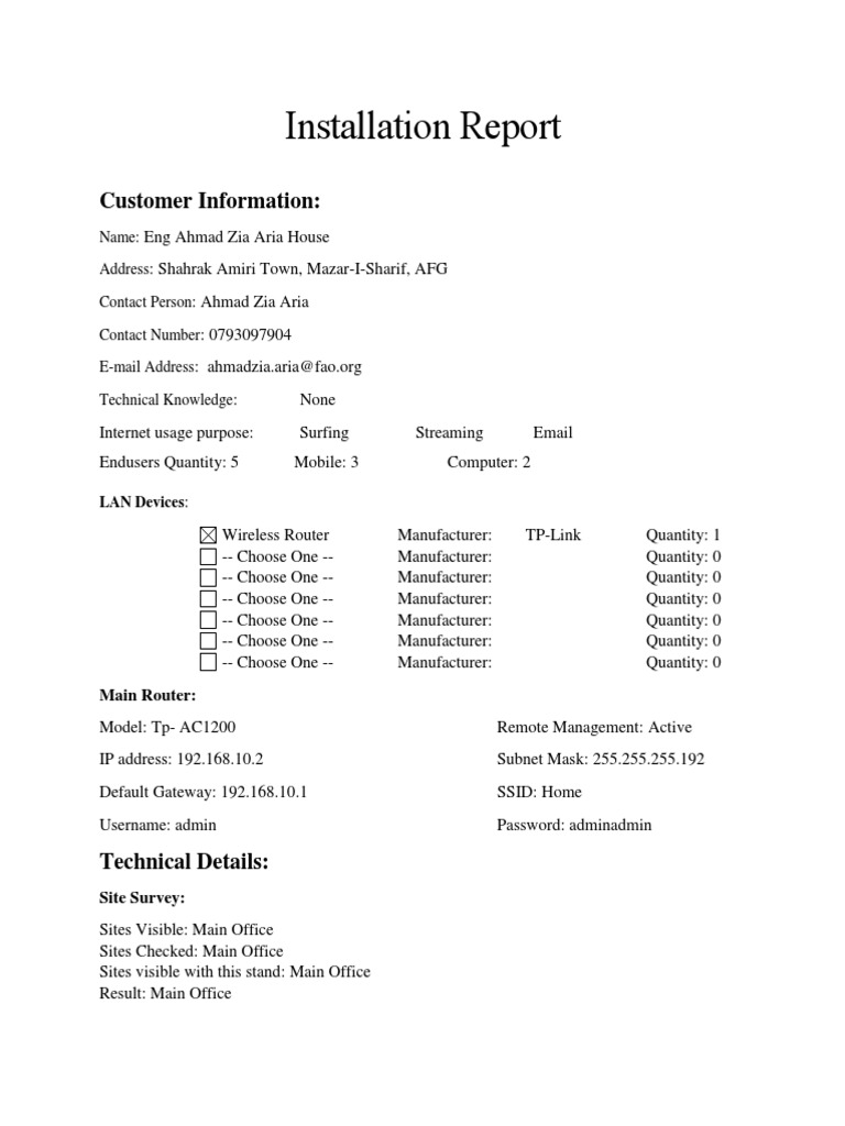 Eng Ahmad Zia Aria House Installation Report | PDF
