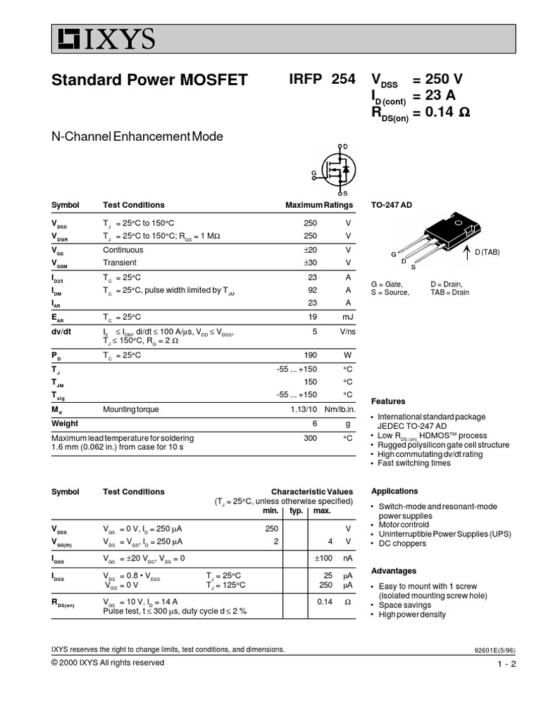 Standard Power MOSFET: IRFP 254 V 250 V I 23 A R 0.14 | PDF | Field ...
