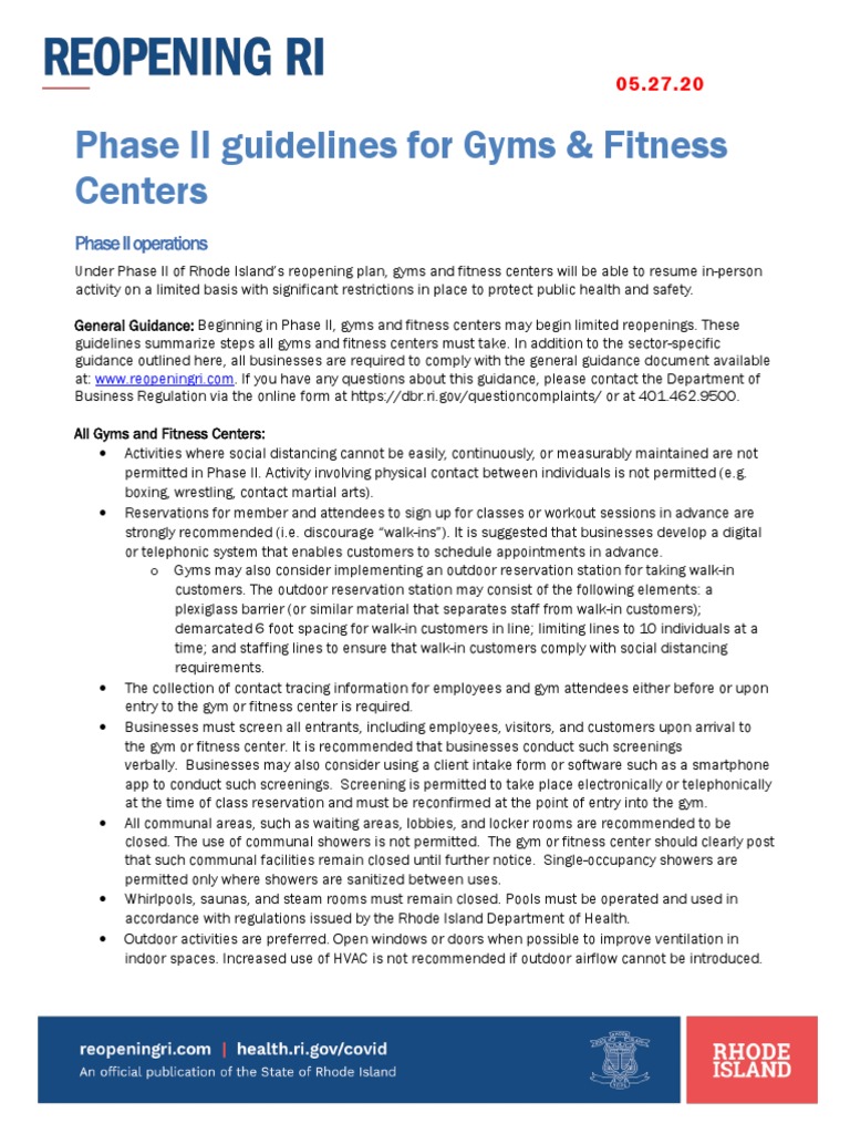 Phase II Gym Reopening Guidelines RI | PDF | Physical Fitness | Wellness