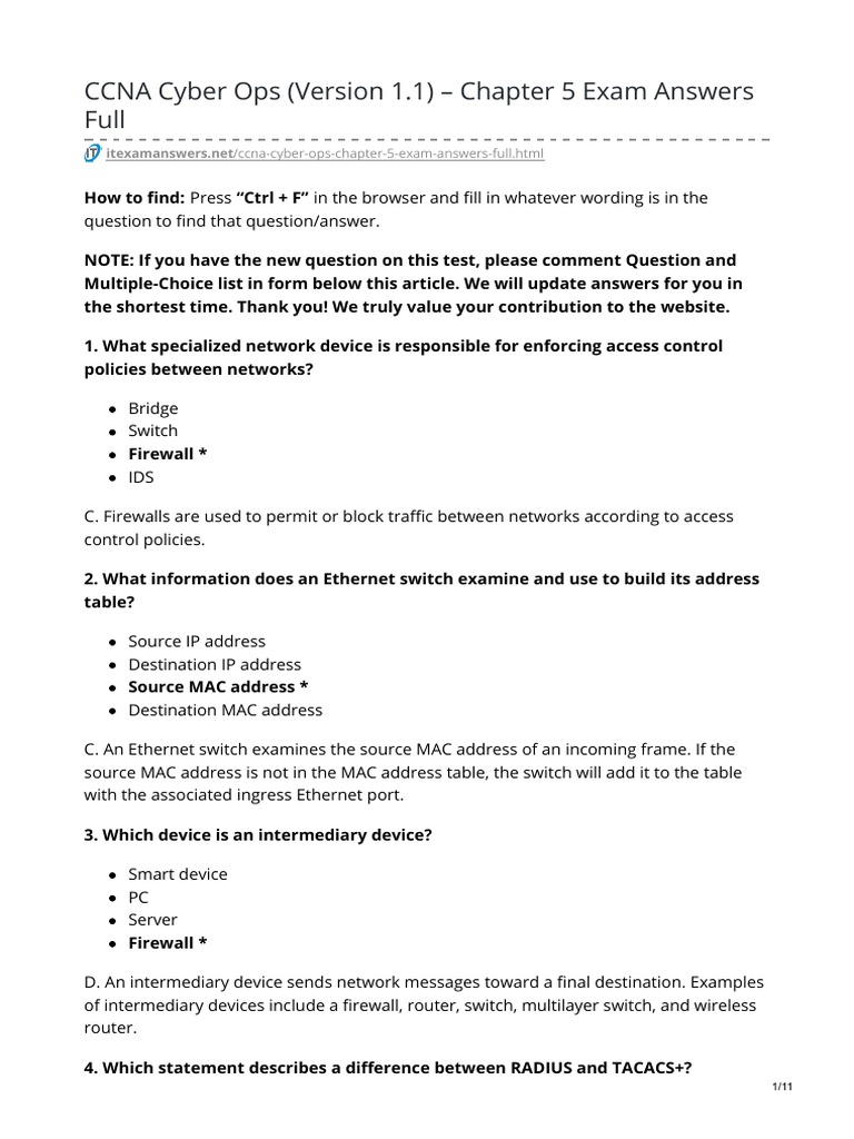 CCNA Cyber Ops Version 11 Chapter 5 Exam Answers Full | PDF | Computer Network | Router (Computing)
