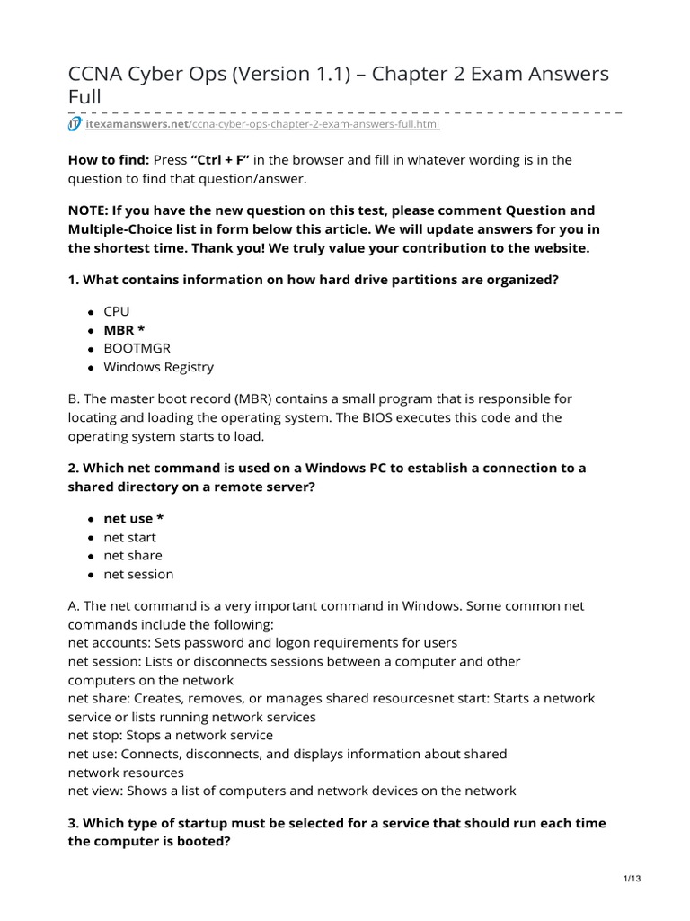 CCNA Cyber Ops Version 11 Chapter 2 Exam Answers Full | PDF | Windows Registry | Computer Network
