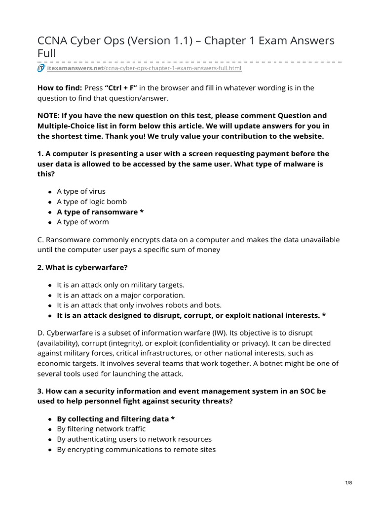 CCNA Cyber Ops Version 11 Chapter 1 Exam Answers Full | PDF | Ransomware | Cyberwarfare