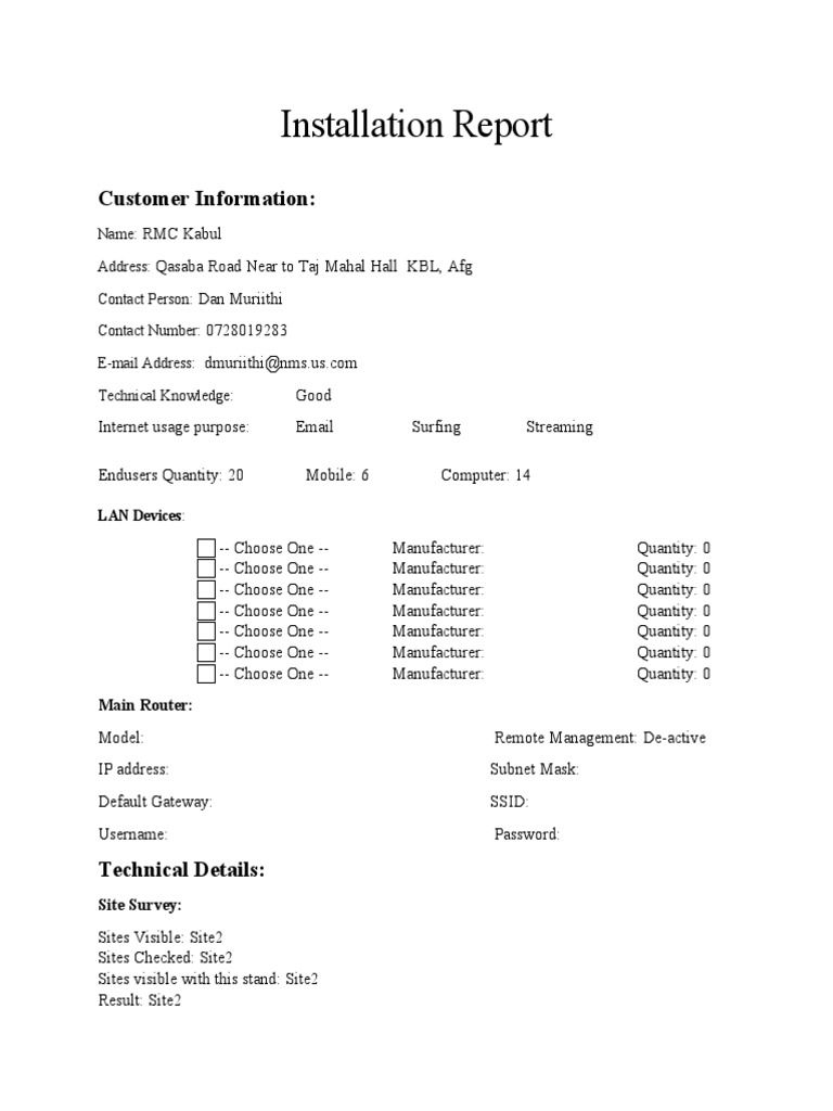 Installation Report: Customer Information | PDF