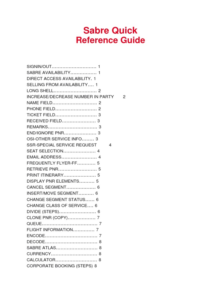 Sabre Quick: Reference Guide | PDF | Airlines | Transport Companies Sabre Quick: Reference Guide | PDF | Airlines | Transport Companies