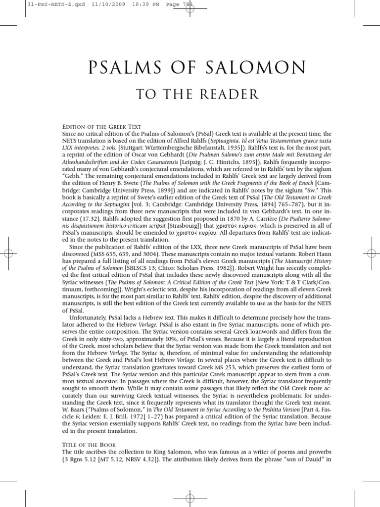 Psalms of Salomon: To The Reader | PDF | Septuagint | Textual Criticism