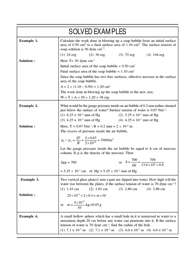 Solved Examples: Example 1 | PDF | Drop (Liquid) | Surface Tension