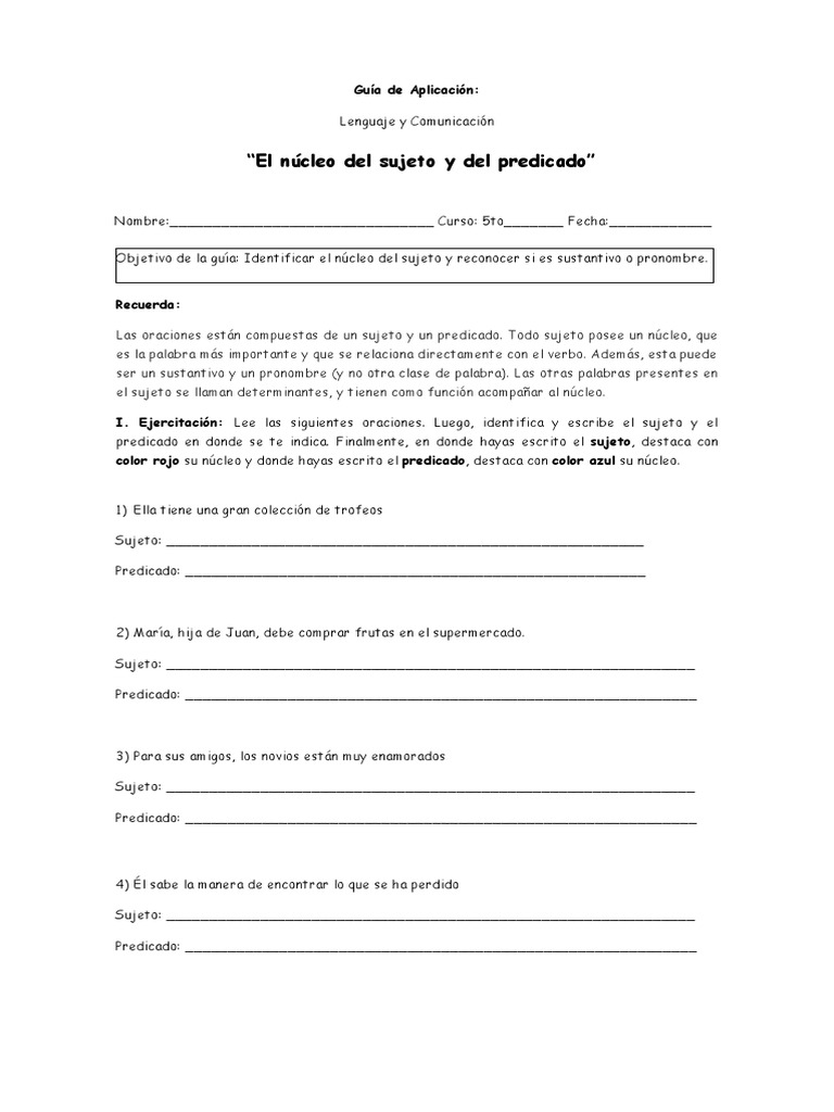 Núcleo del Sujeto y Predicado | PDF | Predicado (Gramática) | Asunto ...
