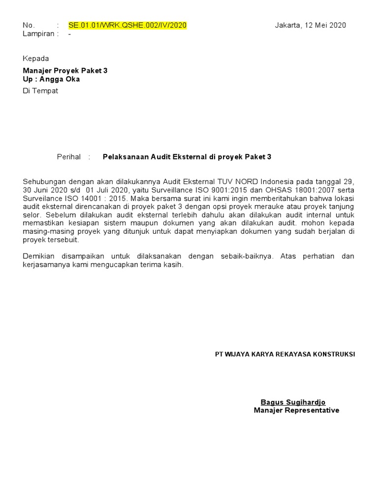 Surat Pemberitahuan Pelaksanaan Audit Eksternal | PDF