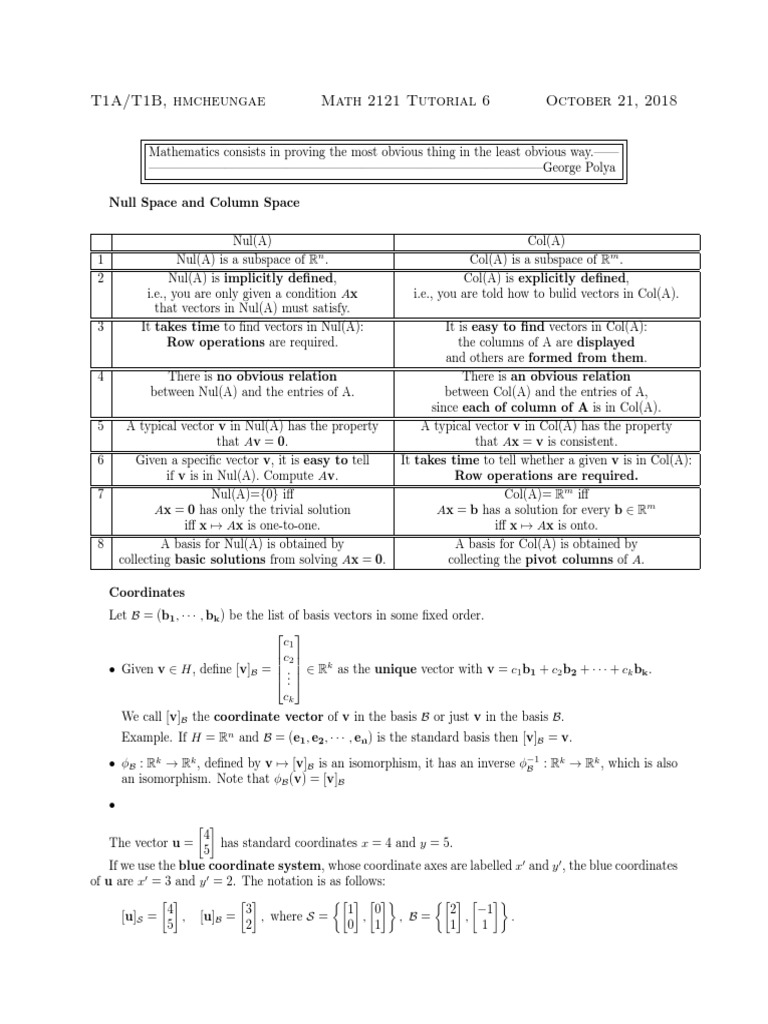 Math 2121 Tutorial 06 Pdf Linear Subspace Mathematical Relations 