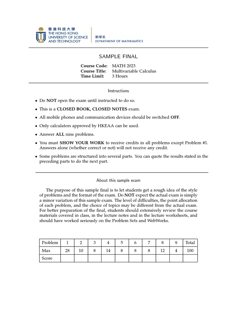 Sample Final Solution Pdf Test Assessment Algebra